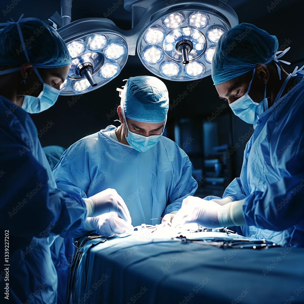 Poster A group of surgeons performing a medical operation in a modern ...