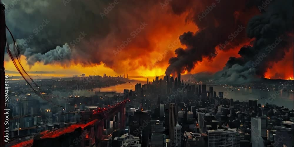 Massive fire breakout in city, A city on the bank of a river and ...