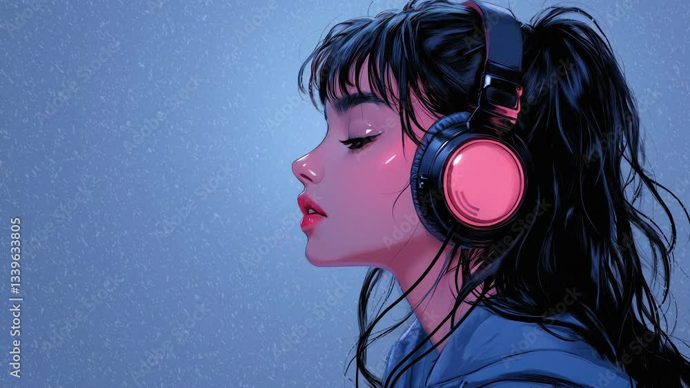 Beautiful anime girl listening to lofi hip hop music with headphones ...