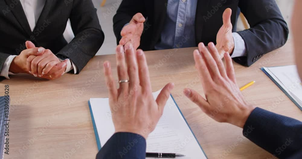 Cropped of two business people man and woman disputing with manager ...