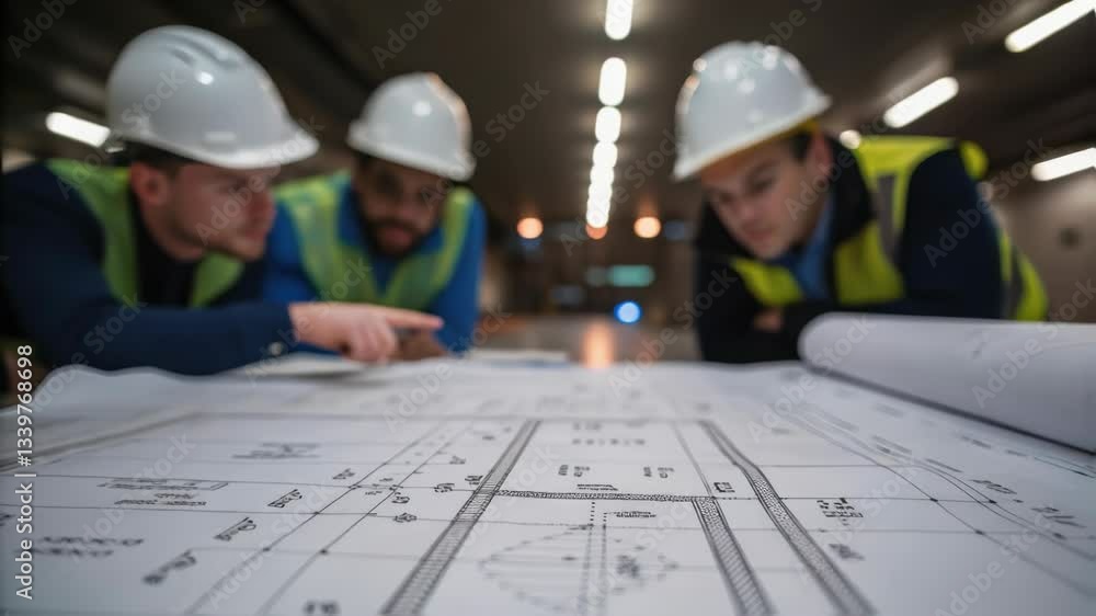 Three engineers wearing safety helmets and vests are examining a ...