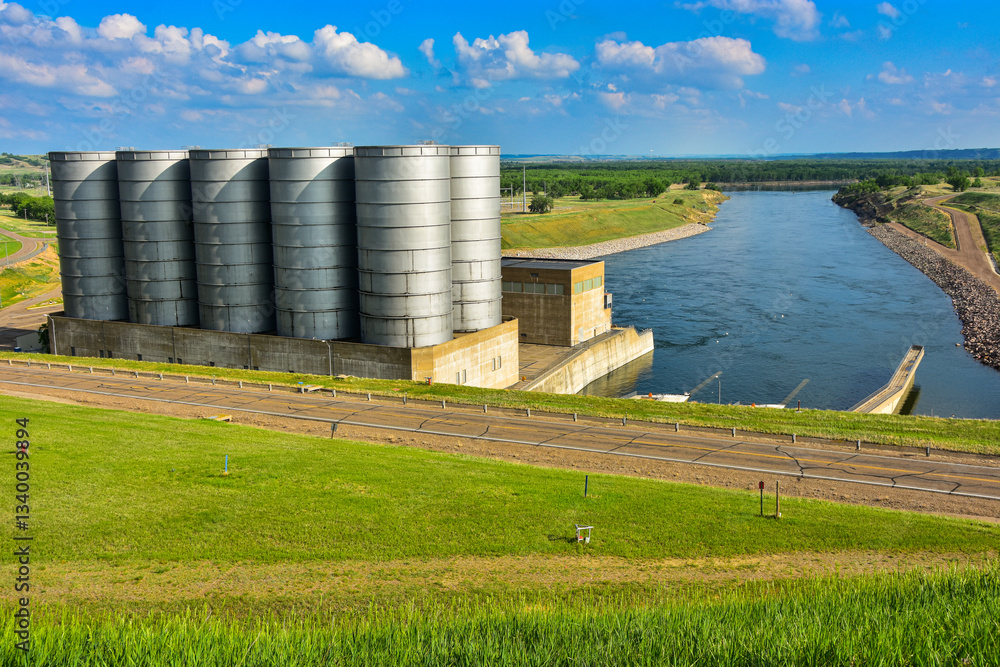 Plakát Garrison Dam and hydroelectric power generating facility on the ...