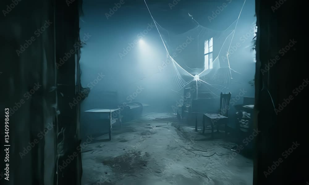 the scene starts then the door opens with a creepy house room, dark ...