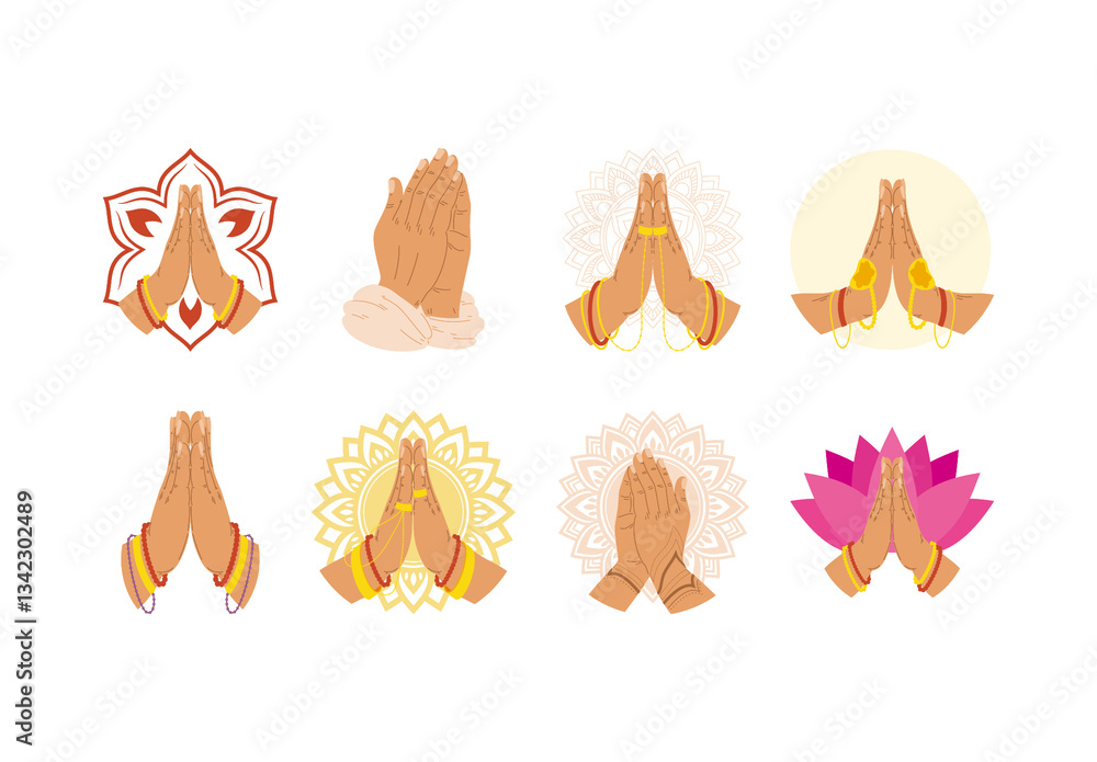Spiritual Namaste Indian Greeting Hands Illustration Set Stock Template ...