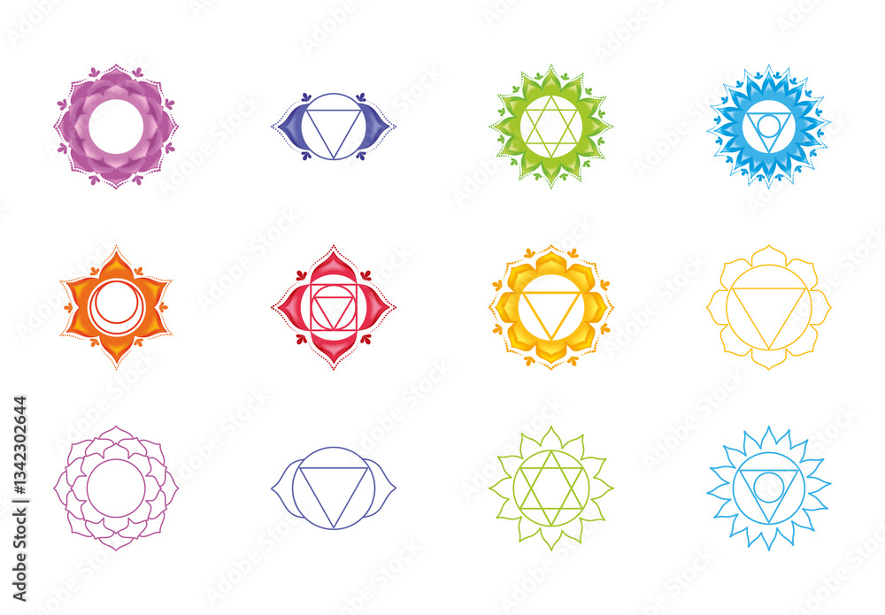 Colorful Sutras Patanjali Yoga Hindu Symbols Icons Set Stock Template ...