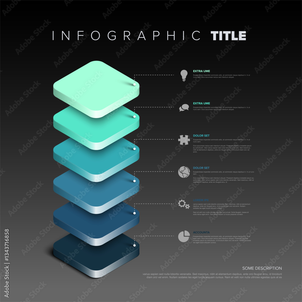 Poster A visually appealing 3D layered infographic with six blue ...