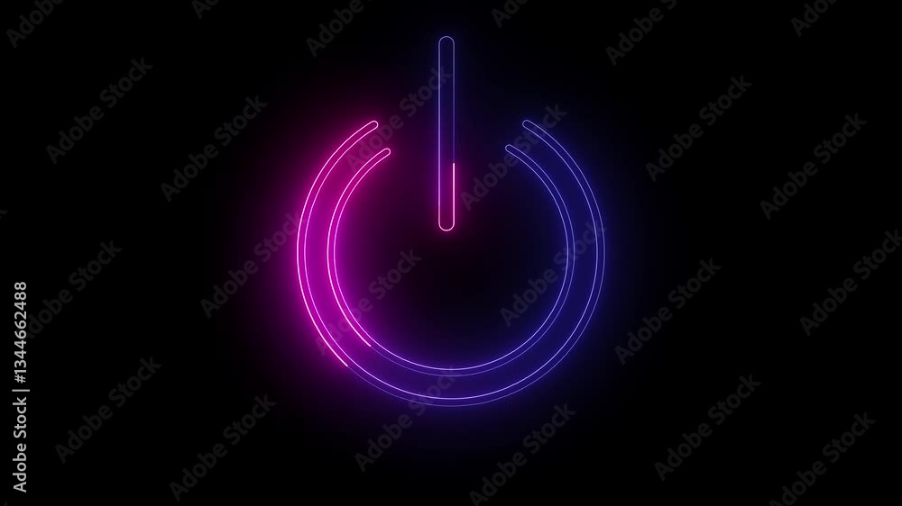 Animated neon glowing power button icon on the black background ...