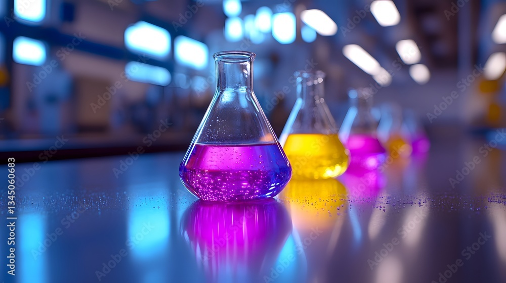 Poster Close-up of glass beakers filled with colorful chemical ...