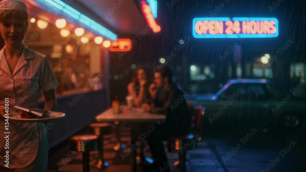A classic American diner glows with neon lights as a waitress serves a ...