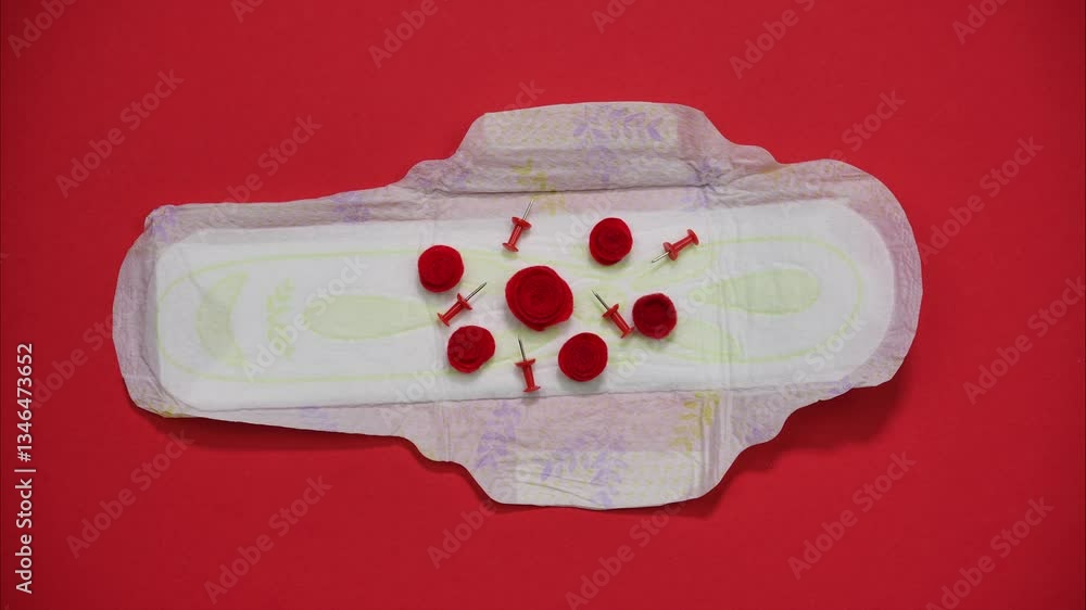 Feminine hygiene pad with red roses and push pins on a red background ...