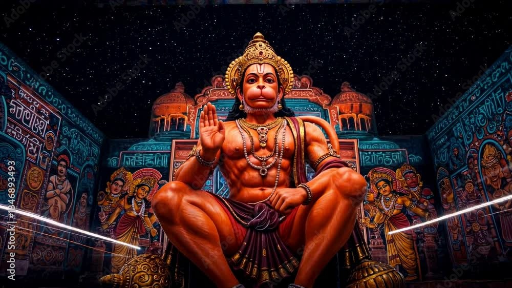 Majestic statue of Hanuman seated in a vibrant temple, surrounded by ...