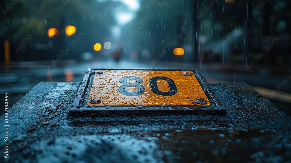 Poster Wet number eighty sign on a rainy city street at night. – Wall ...