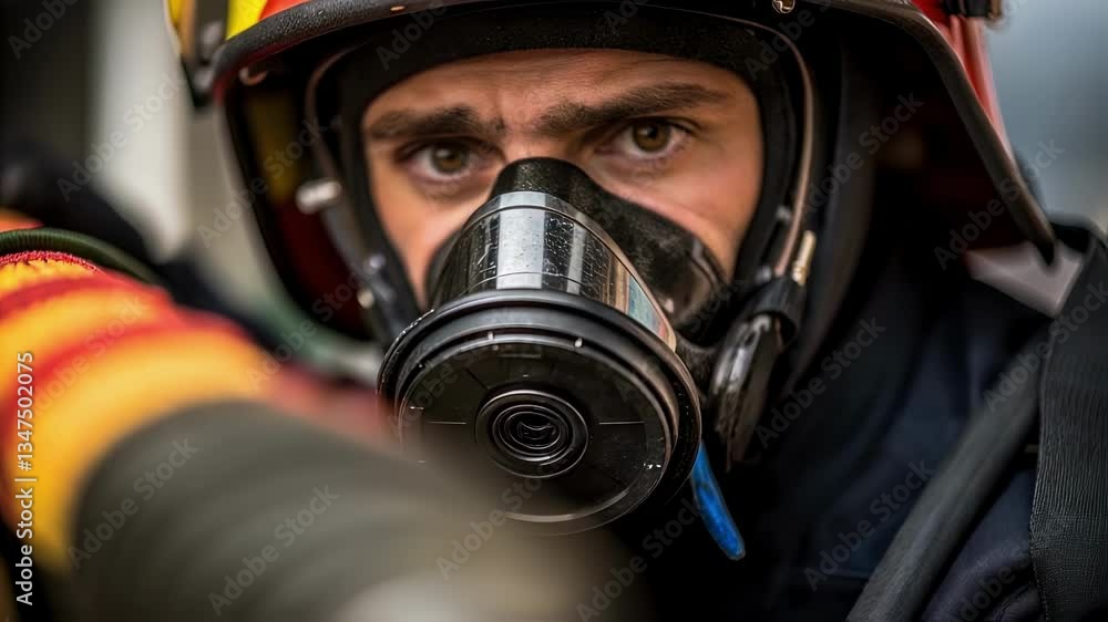 Professional firefighter in protective gear wearing helmet and oxygen ...