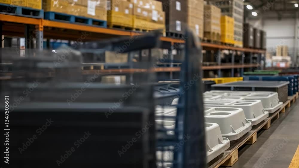 Warehouse worker pushing heavily loaded cart with plastic products ... Warehouse worker pushing heavily loaded cart with plastic products ...