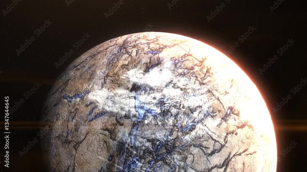 Realistic space planet animation with rock landscape and rivers water ...