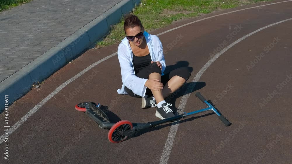 Falling off a scooter. Woman in sportswear sitting on a running track ...