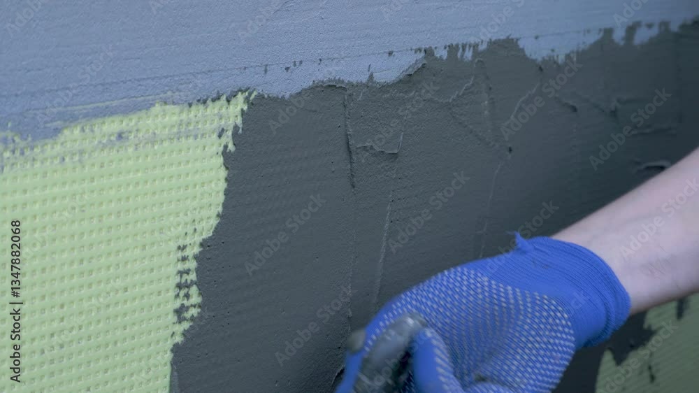 Plastering fiberglass mesh grid on wall. Installed yellow plastic on ...