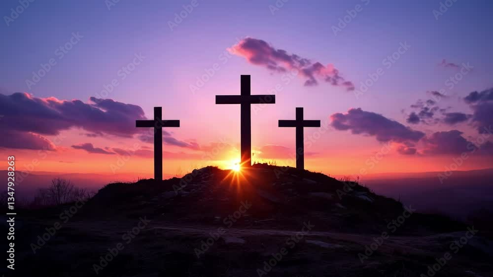 Three crosses on Calvary illuminated by a vibrant sunset during Holy ...