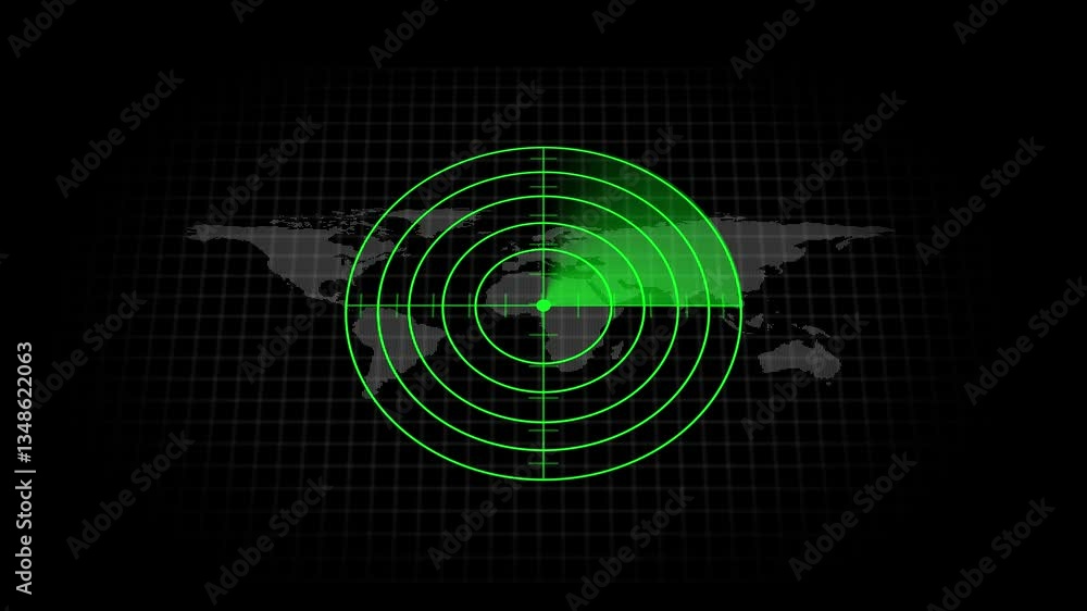 3D Radar Screen green color Animation. Technology world map radar ...