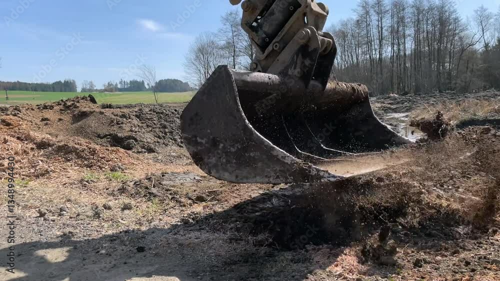 An excavator bucket levels the muddy terrain at a construction site ...