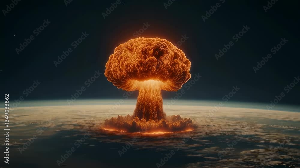 A colossal nuclear explosion erupts on Earth's surface, viewed from ...