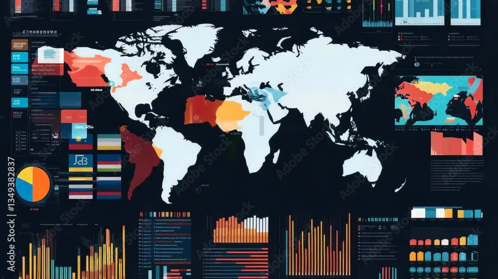 Global animated infographics showing world map with statistics and ...