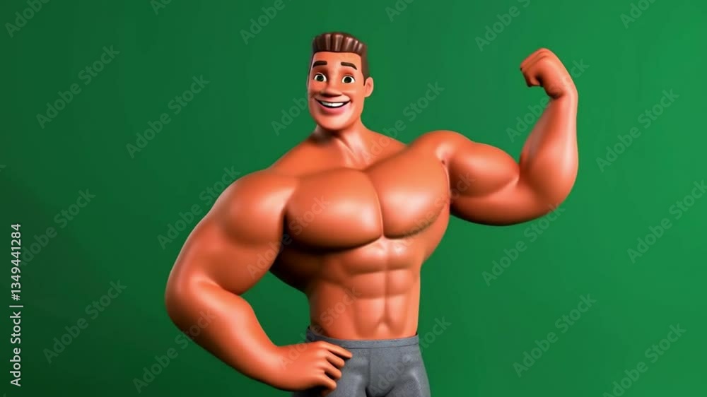 Muscle-building characters, 3D cartoon bodybuilder flexing muscles with ...