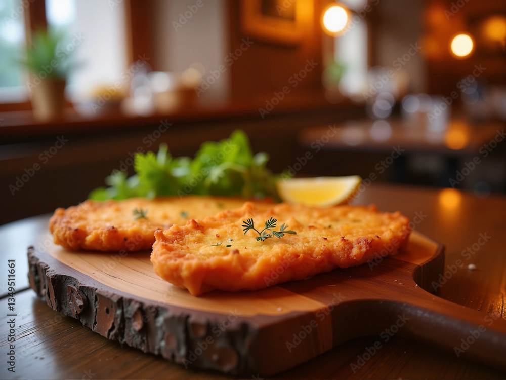 Poster Crispy golden brown schnitzel with lemon in warm lighting – Wall ...