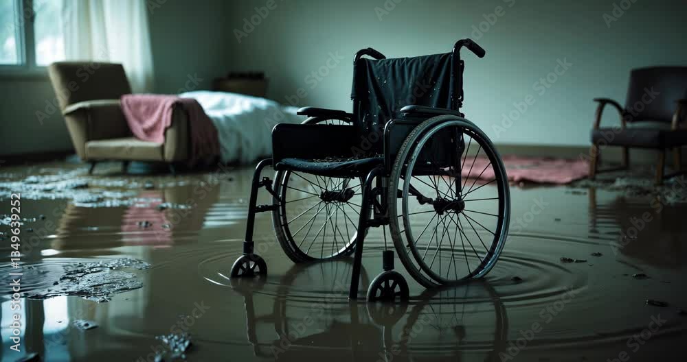 A black wheelchair is positioned in a room that is flooded. The room ...
