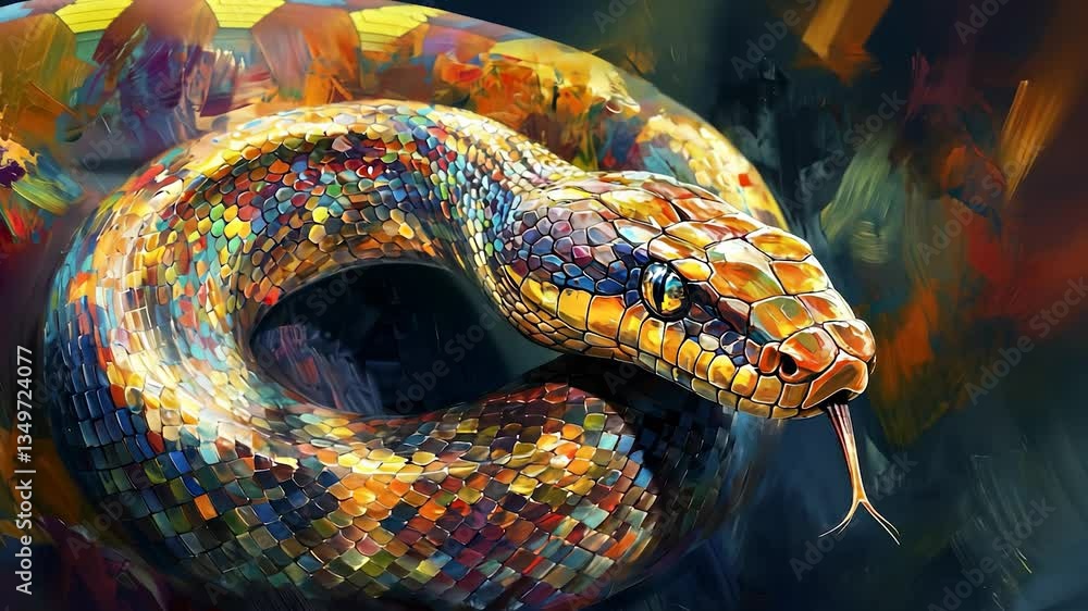 An oil painting snake. Drawing of green painting of a snake. A head of ...