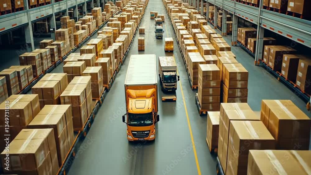 Multiple delivery trucks backed into loading docks at a large warehouse ...