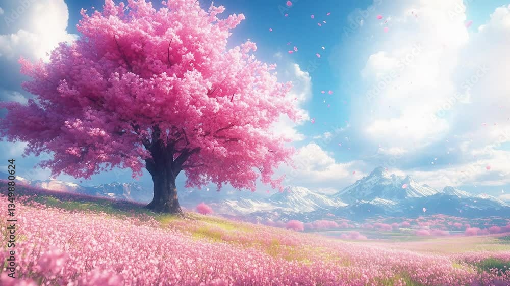 Beautiful fantasy spring natural landscape and cherry blossom tree ...