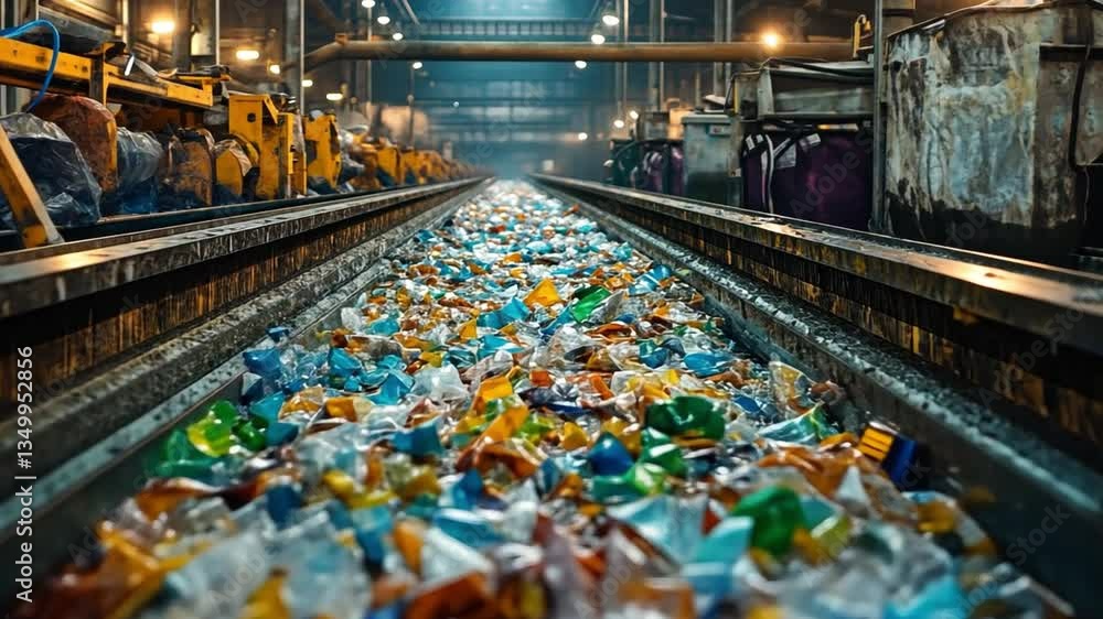 Recycling Plastics: An industrial conveyor belt transports a vibrant ...