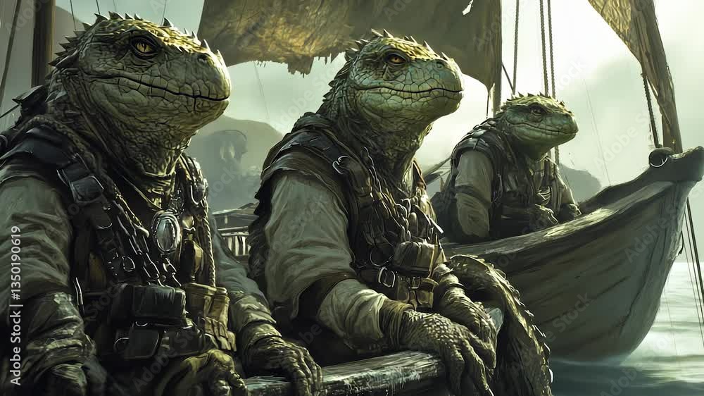 Three lizards on boat. Lizard in the sea with a boat in the water. A ...