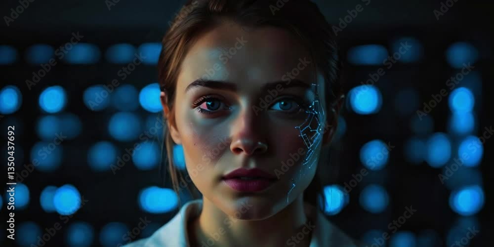 Android AI artificial intelligence robot woman, cyborg female face in lab, artificial girl ...