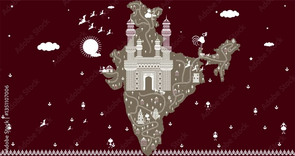 india map, Charminar, Hyderabad, Telangana, India heritage site, warli ...