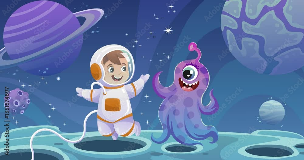 Adventure in outer space. Moving banner with cute boy astronaut in ...