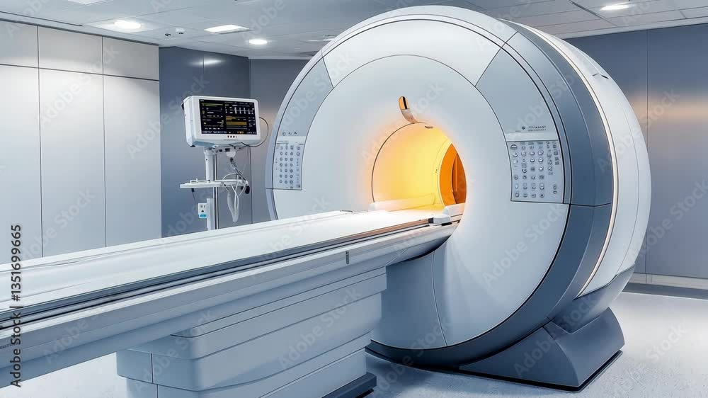 An MRI machine is positioned in a contemporary medical facility, ready ...
