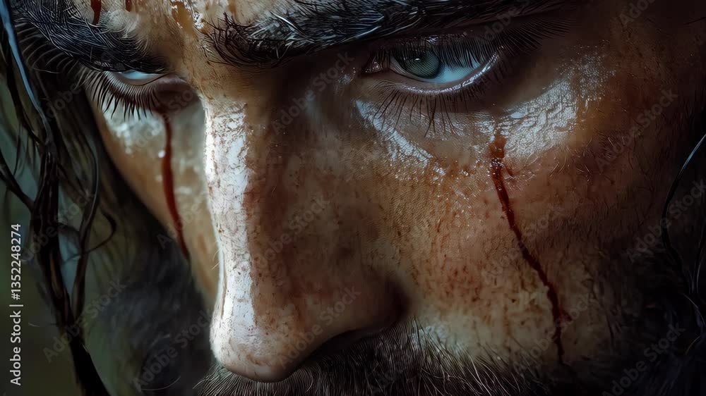 Jesus Christ portrayed with intense emotion, dark background, and blood ...