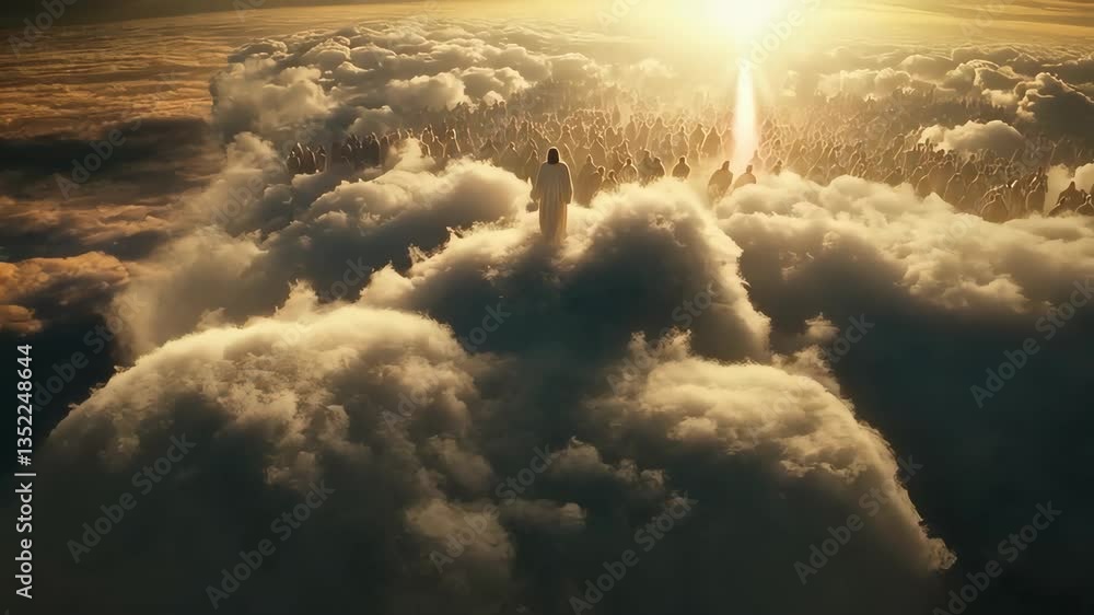 Jesus Christ emerging from clouds, radiating light and hope in a ...