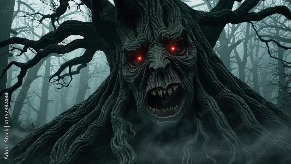 Supernatural tree creature with glowing red eyes emerging from misty ...