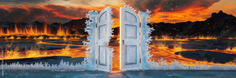 Poster Photo of ice door with frost opening to fiery realm – Perfect ...
