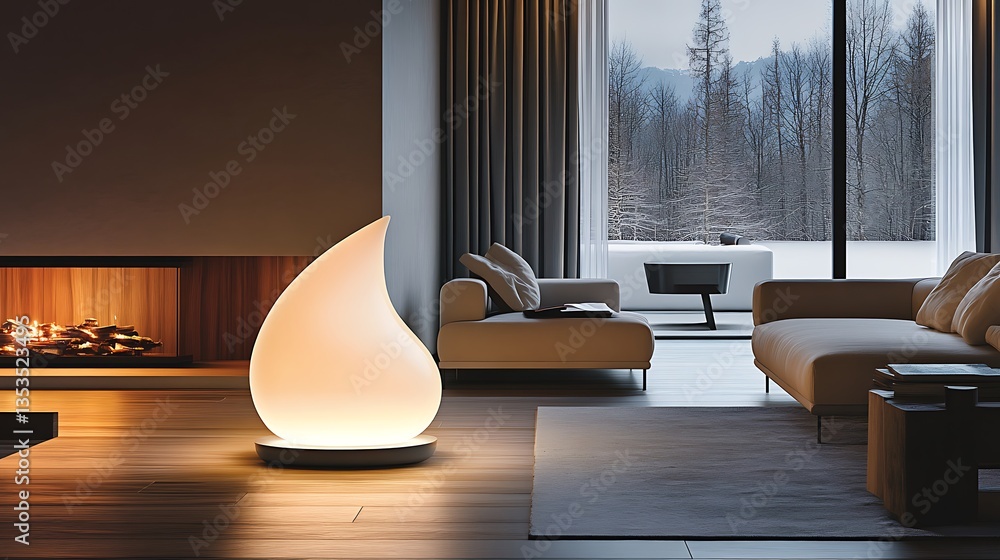ภาพประกอบสต็อก A modern living room with soft ambient lighting from a ...
