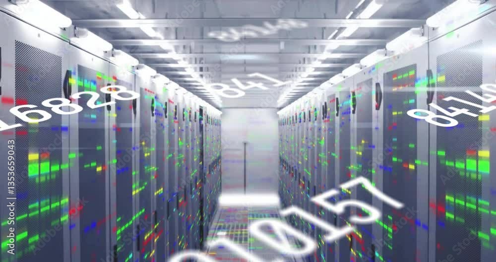 Rows of servers in data center with floating numbers animation Stock ...