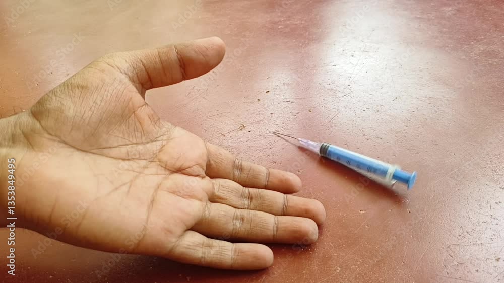 Closeup of unconscious drug addict adult person hand with injection ...