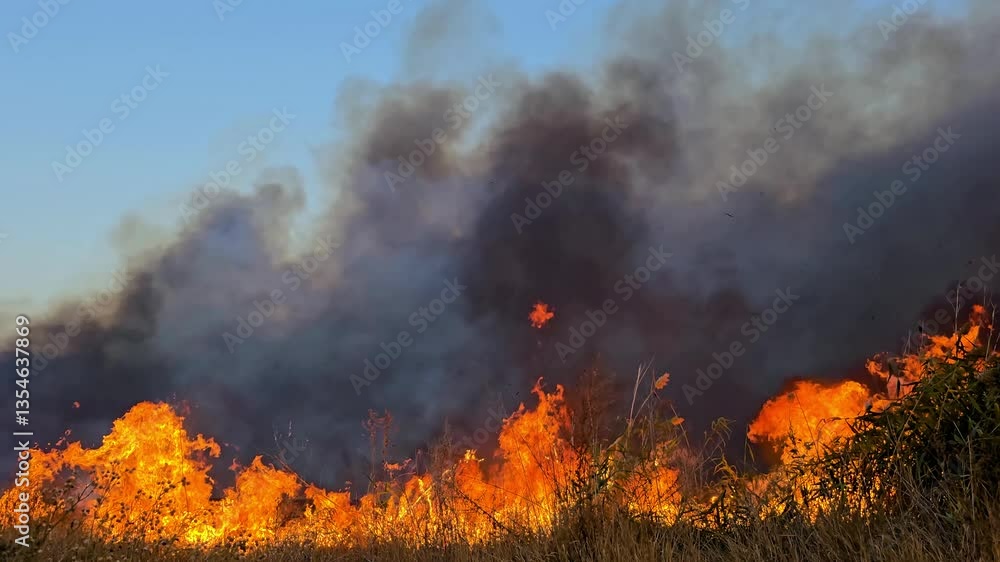 Epic big fire in nature park. Fire is destroying nature. Climate ...