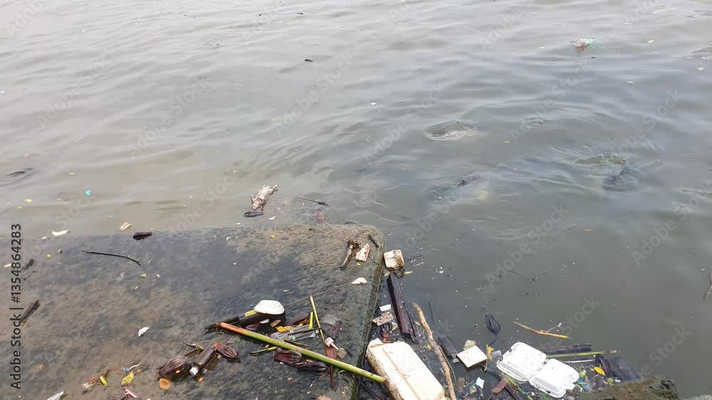 Garbage in the river, floating garbage causes water pollution. Garbage ...