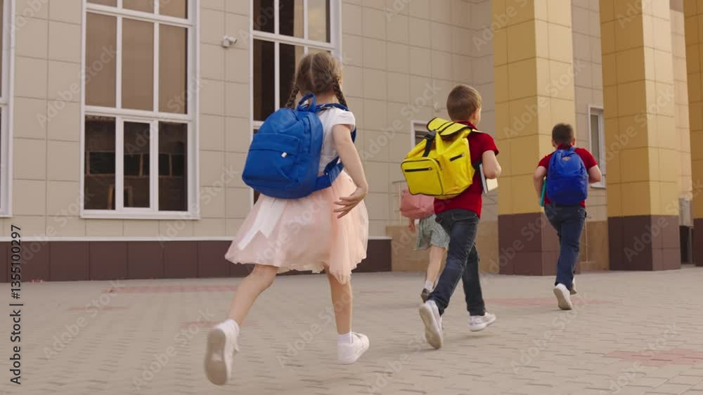 morning school routine, school entrance view, new school day, children ...