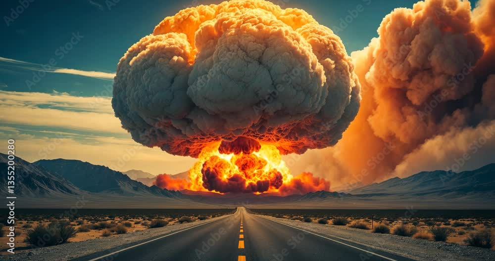 Asphalt roadway leads to a nuclear explosion. Horrific atomic blast of ...