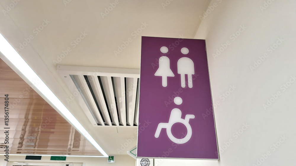 Poster Purple accessible restroom sign with male, female, and ...